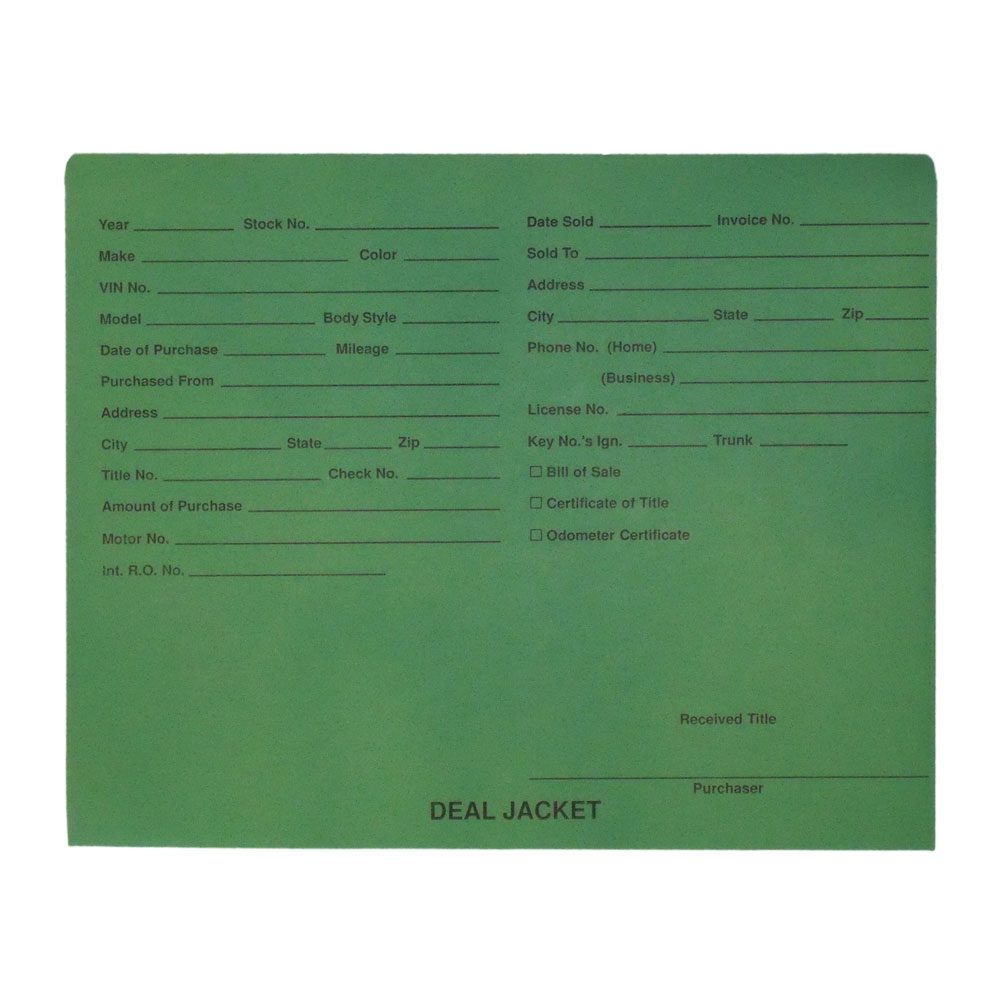 Pre-Printed Auto Dealer Vehicle Deal Jackets, Green (Box of 100) – Ecom ...