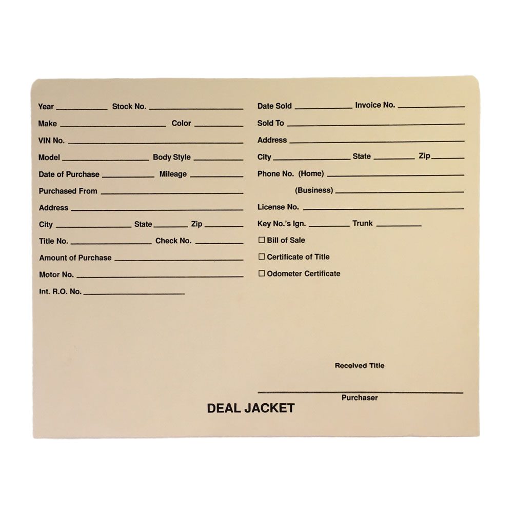Pre-Printed Auto Dealer Vehicle Deal Jackets, Manila (Box of 100 ...