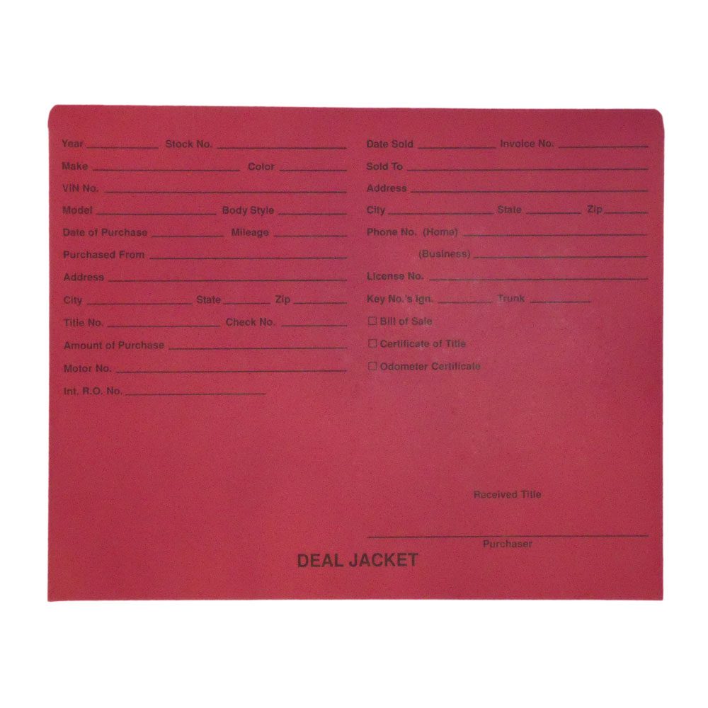 Pre-Printed Auto Dealer Vehicle Deal Jackets, Red (Box of 100) – Ecom ...