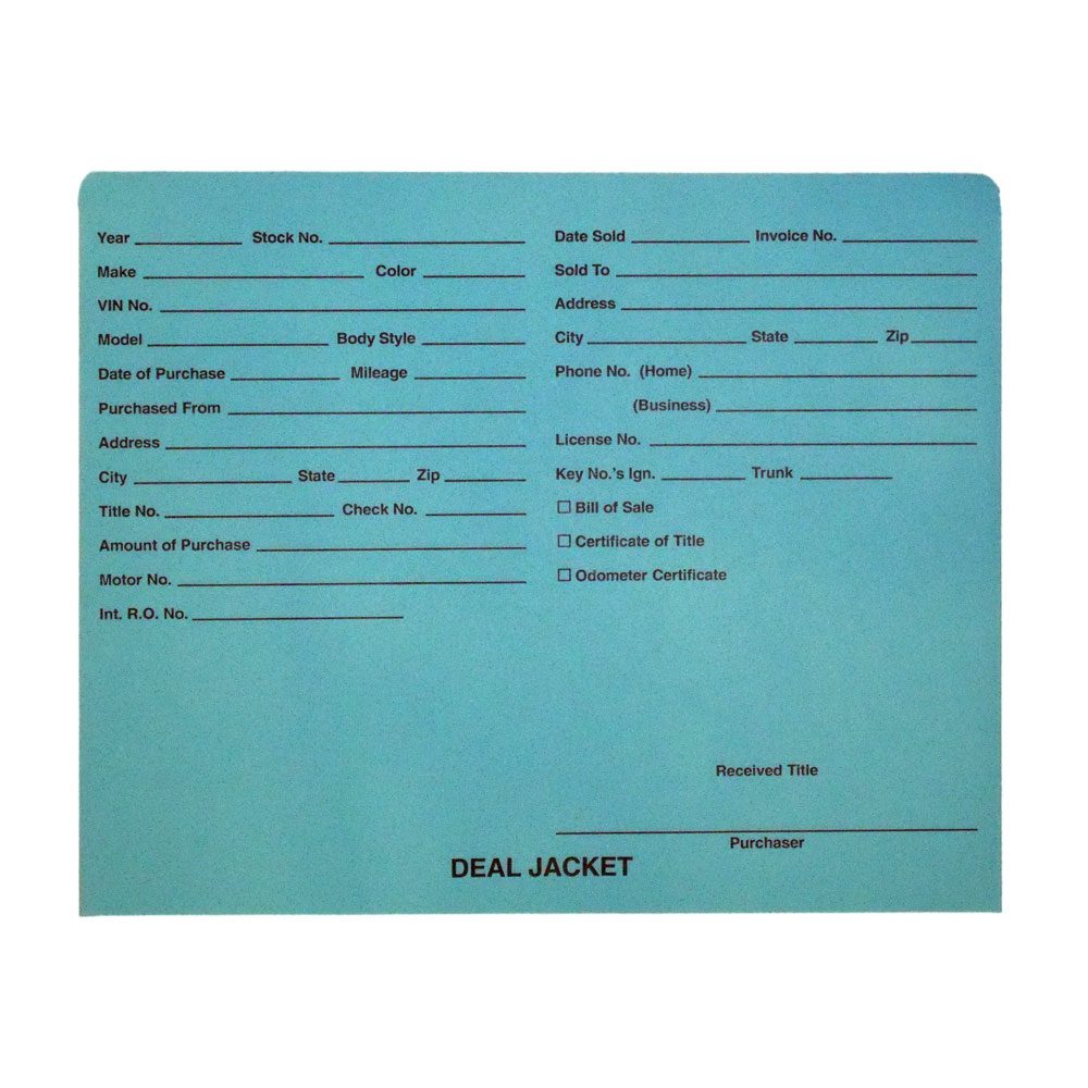 Pre-Printed Auto Dealer Vehicle Deal Jackets, Turquoise (Box of 100 ...