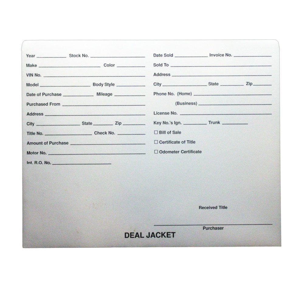 Pre-Printed Auto Dealer Vehicle Deal Jackets, White (Box of 100) – Ecom ...