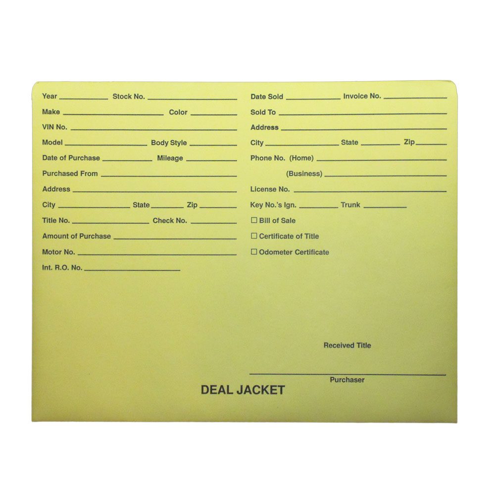 Pre-Printed Auto Dealer Vehicle Deal Jackets, Yellow (Box of 100 ...